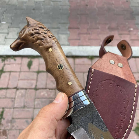 Genuine Leather Sheath, Wolf head Handle Engraving Hunting Knife Fixed ...
