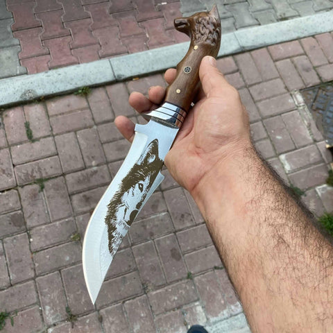 Genuine Leather Sheath, Wolf head Handle Engraving Hunting Knife Fixed ...