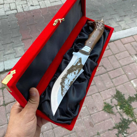 Genuine Leather Sheath, Wolf head Handle Engraving Hunting Knife Fixed ...